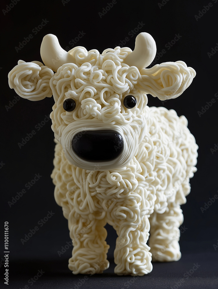 3D cow figurine made of white instant noodles, charming and playful ...