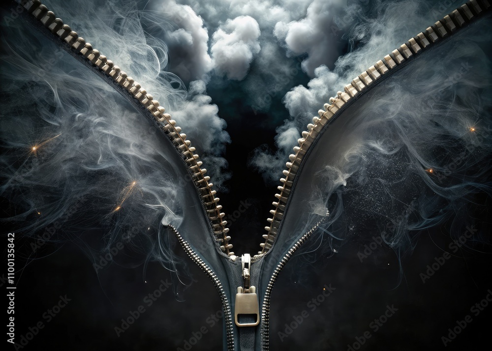 Surreal zipper against a black backdrop, minimalist artistic concept ...