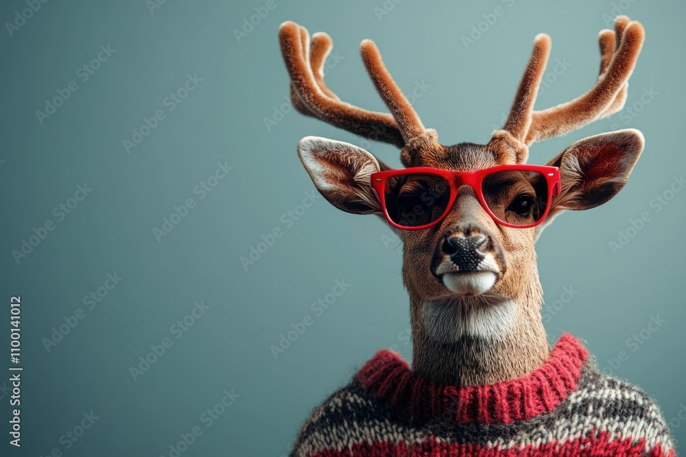 Stylish deer wearing red glasses and a cozy sweater, presenting a ...