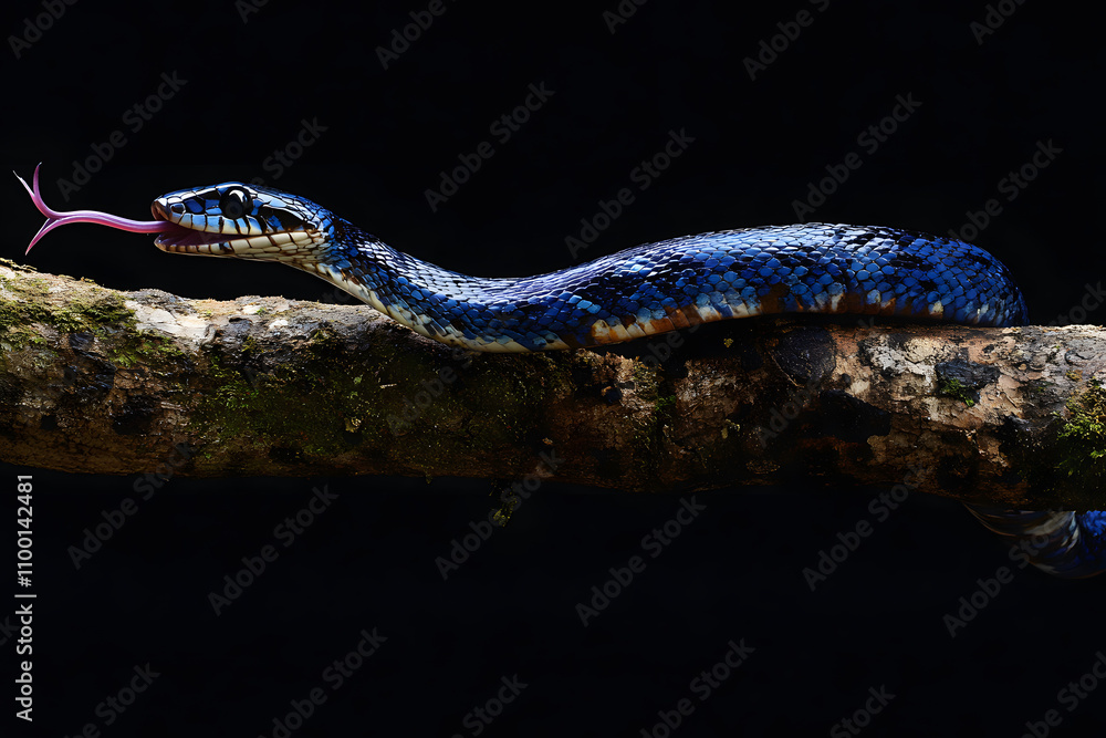 A blue snake, slithering on a tree branch, its tongue protruding from ...