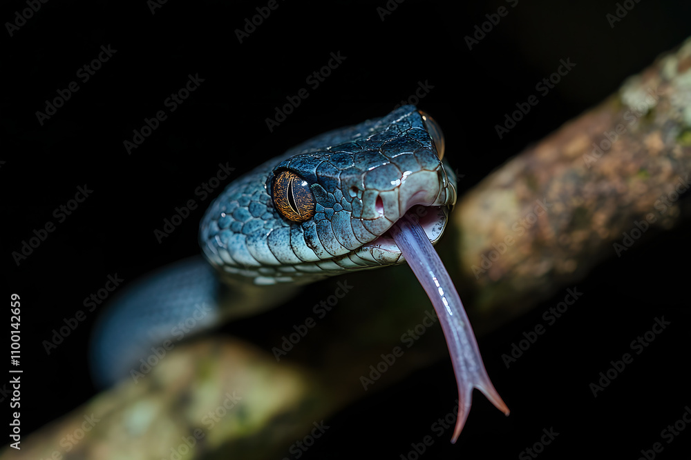 A blue snake, slithering on a tree branch, its tongue protruding from ...
