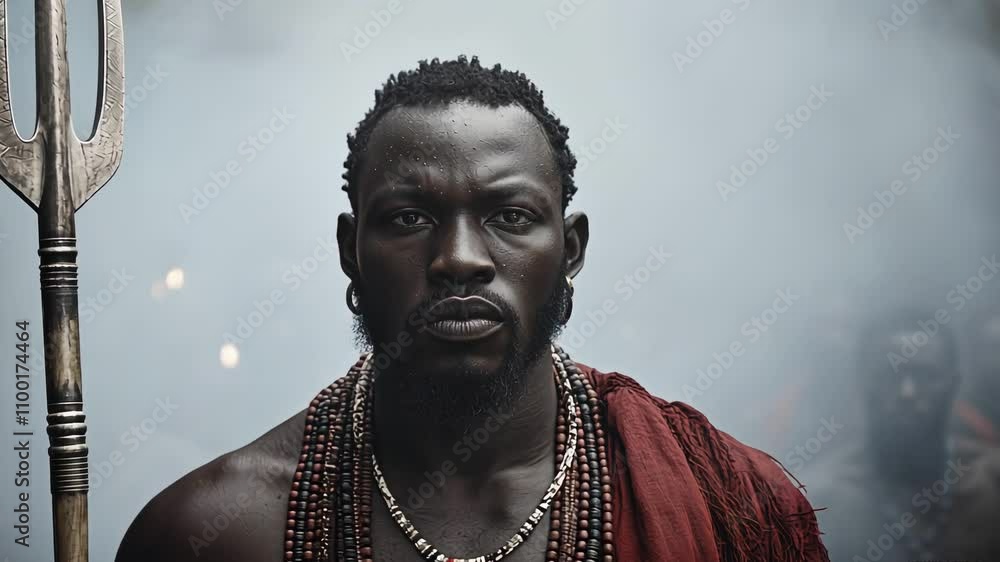 A powerful display of tradition unfolds as an African warrior stands ...