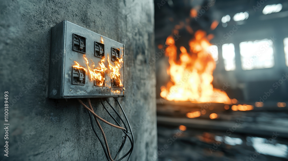 damaged electrical panel with exposed wiring amidst fire in industrial ...