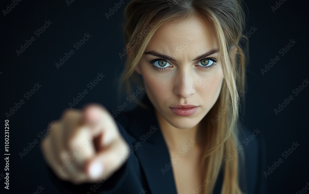 A young woman with blonde hair and blue eyes stares intently at the ...