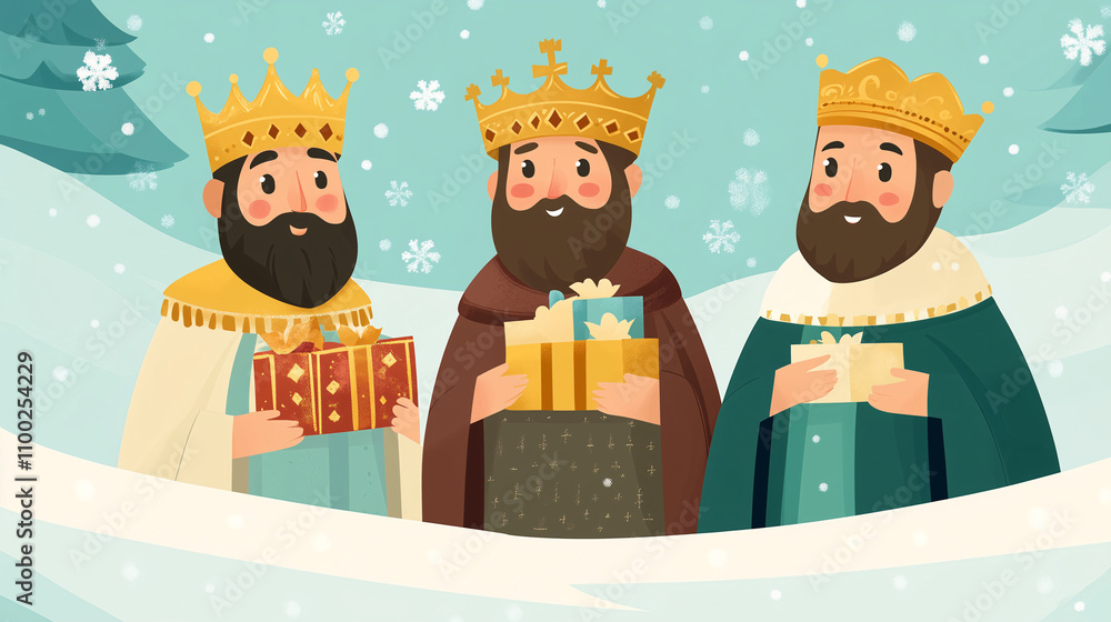 Ilustración de los Tres Reyes Magos con regalos en una noche estrellada ...