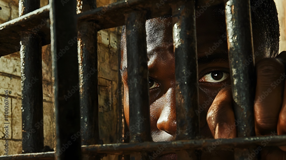 A man's eyes, piercing through prison bars, conveying a sense of ...