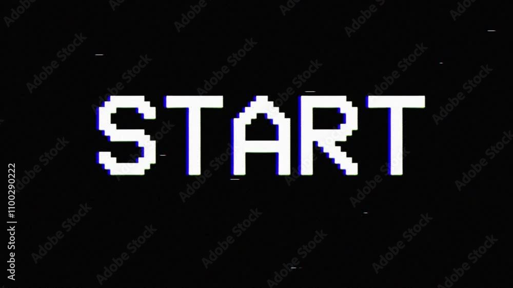start. digital glitch 8-bit pixel text animation with distortion effect looped, computer ...