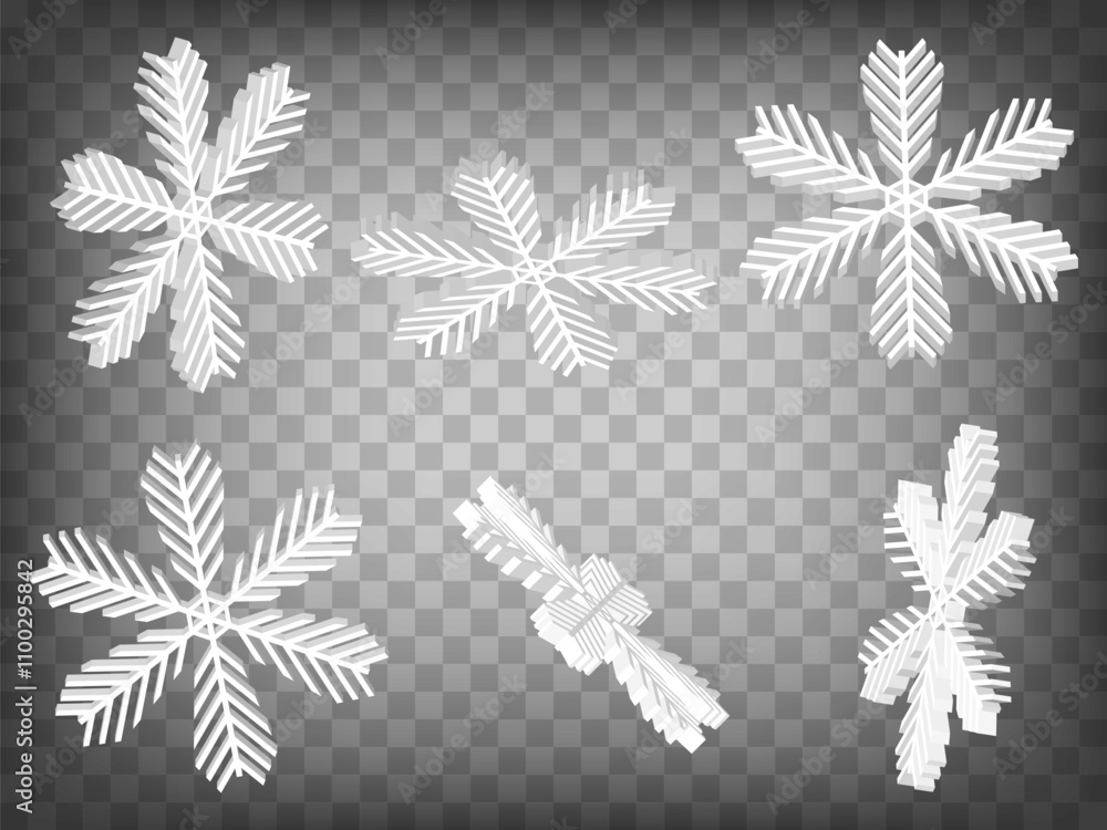Set of perspective projections 3d Snowflake model icons on transparent ...