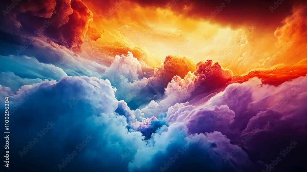 A vibrant artwork featuring abstract clouds blending warm and cool hues ...
