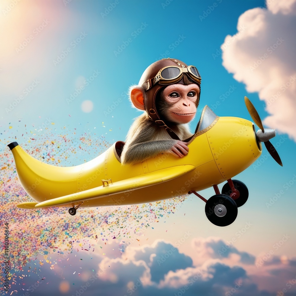 Little monkey wearing aviator goggles flying in a propeller airplane ...