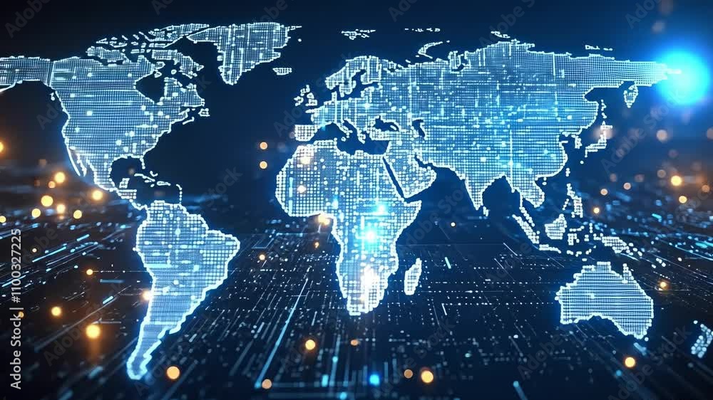 Visual representation of a digital world map with glowing connections ...