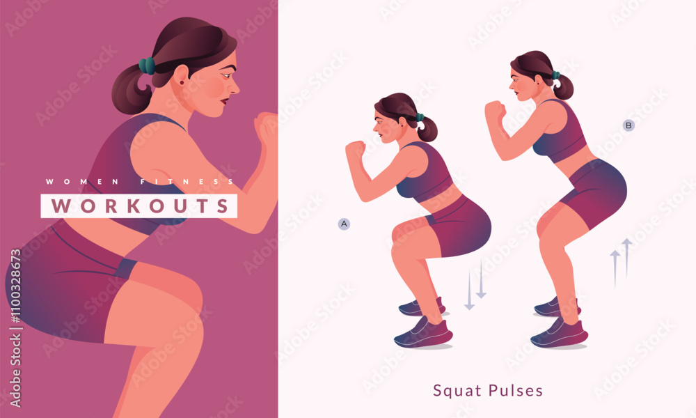 Squat Pulses exercise, Woman workout fitness, aerobic and exercises. Stock Vector | Adobe Stock