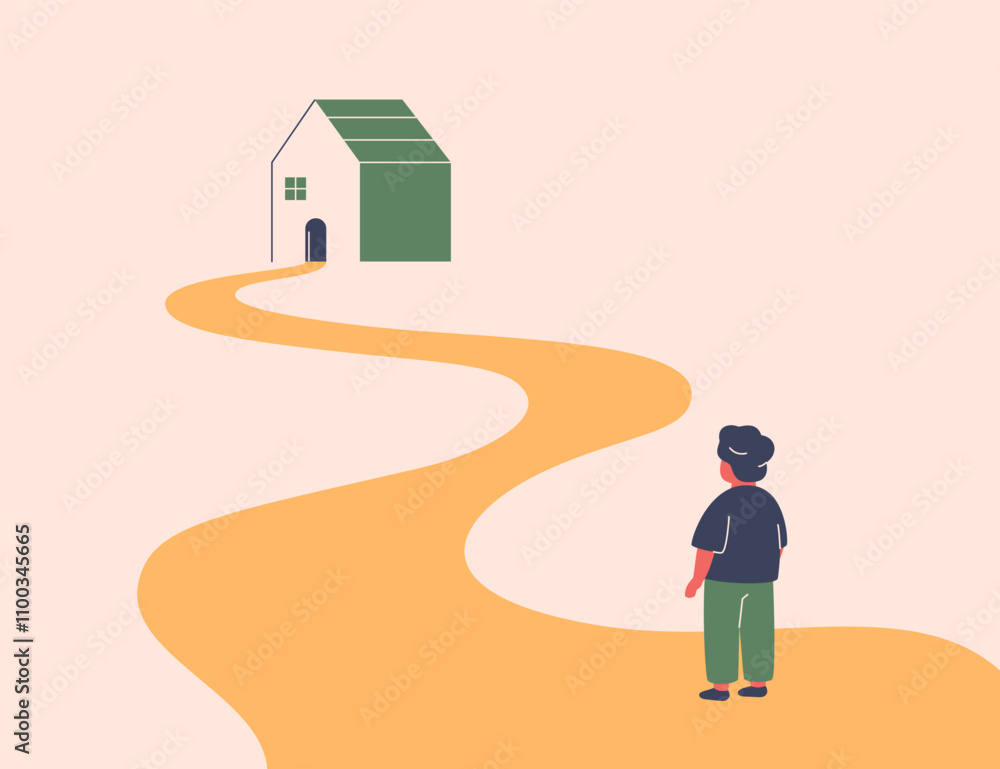 Child on the way home. Boy in the begging of long road to the safe ...