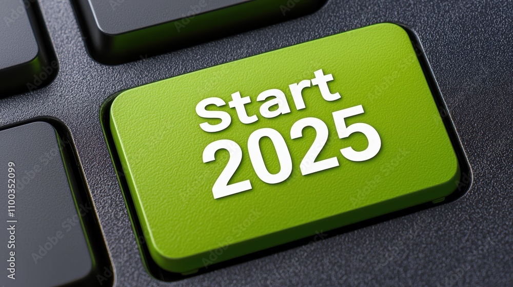 A close-up of a green keyboard key labeled "Start 2025," symbolizing ...
