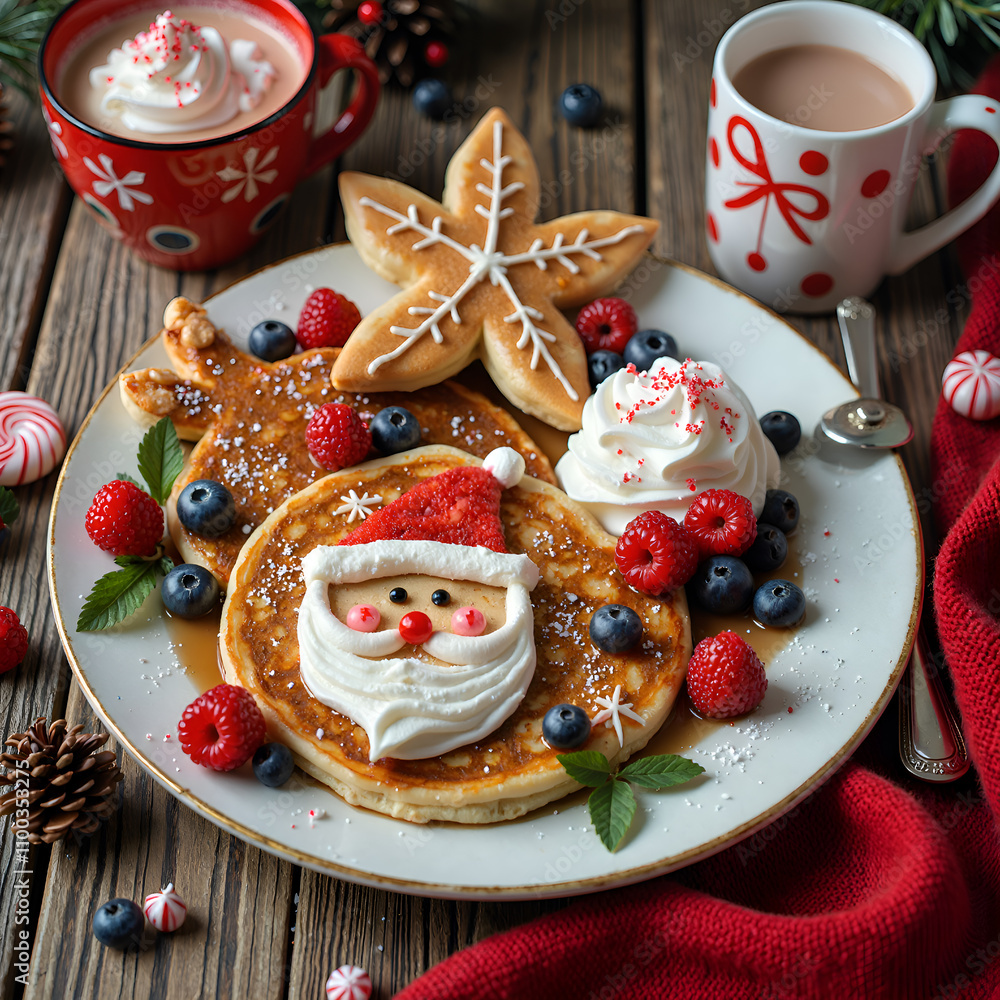 Festive pancakes with santa face and christmas treats on a cozy table ...