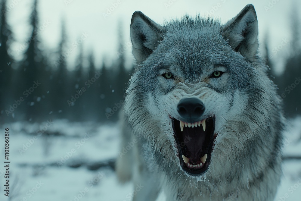 A powerful close-up of a wolf baring its teeth in a snowy forest ...