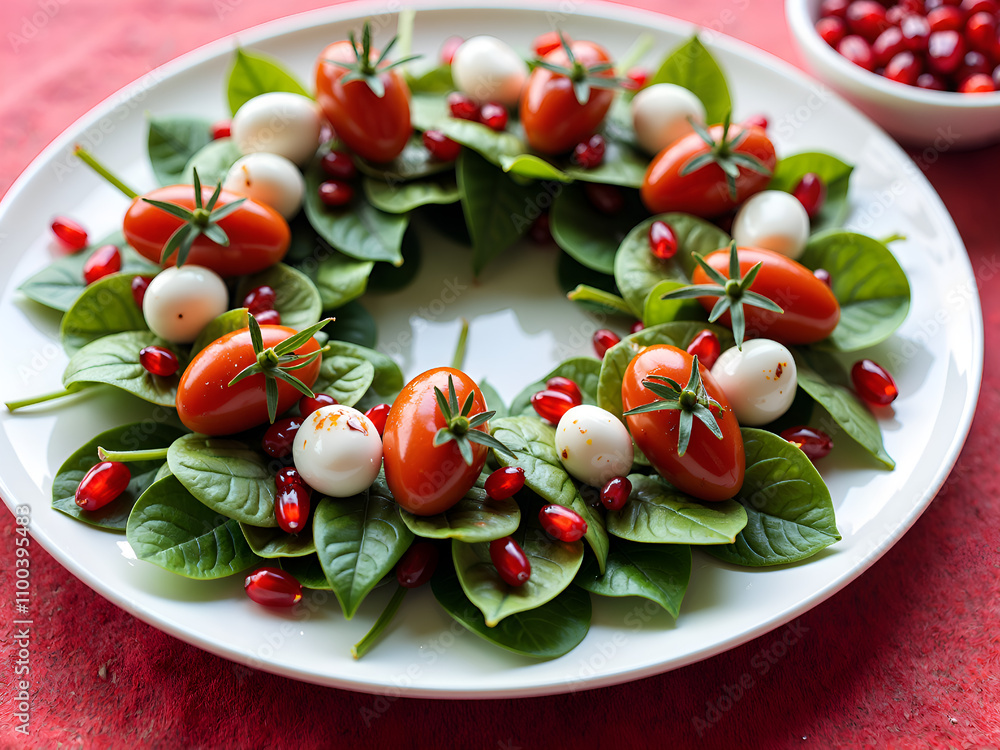 Festive salad wreath with spinach, tomatoes, and pomegranate seeds for ...
