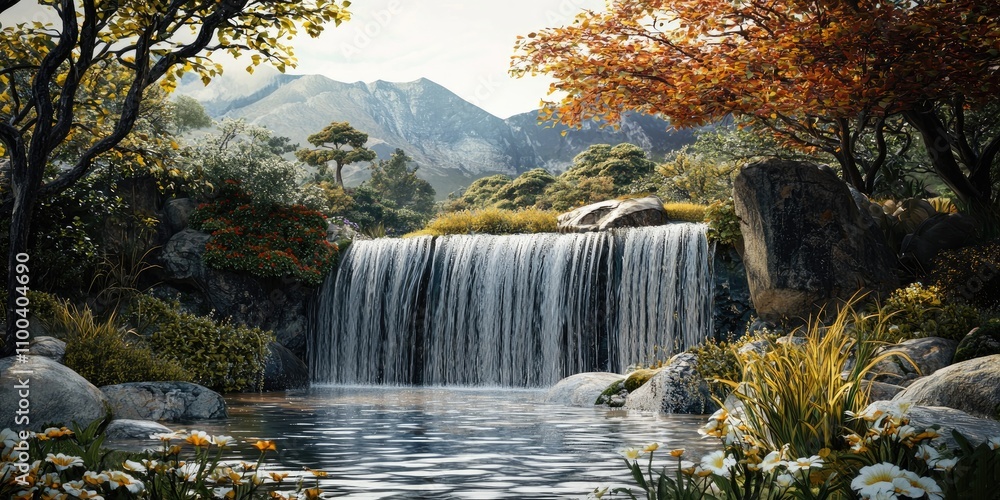 A remote waterfall retreat in the mountains, with a panoramic view of ...