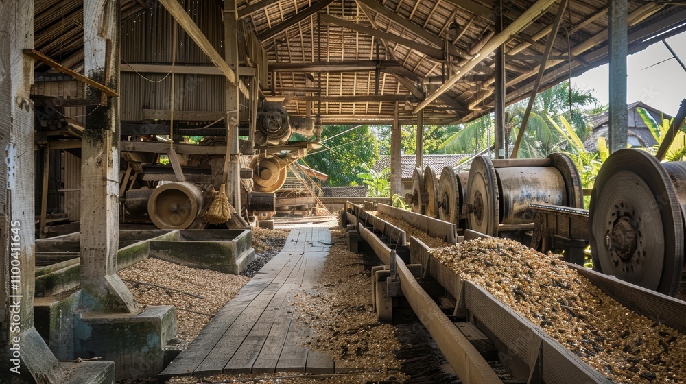 Traditional Sugar Cane Mill with Wooden Rollers in a Rustic, Historical ...