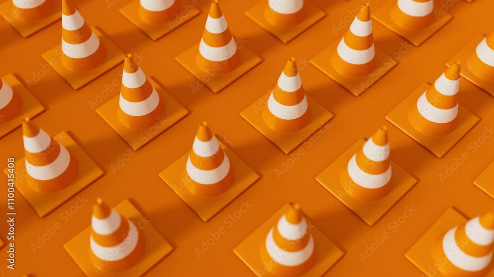 Moving grid of Orange Traffic cones with shallow dof on orange ...
