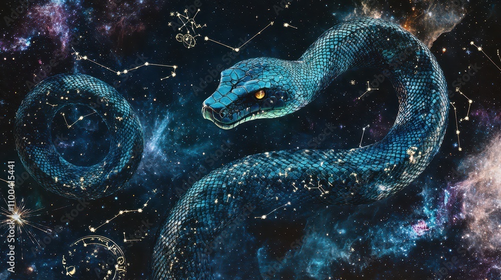 Cosmic Snake Border with Constellation and Zodiac Elements: Deep Space ...