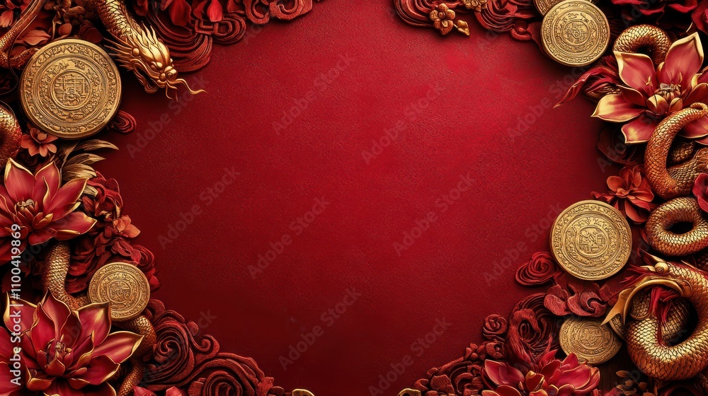 Ornate Red and Gold Filigree Border with Coiled Serpents and Lotus ...