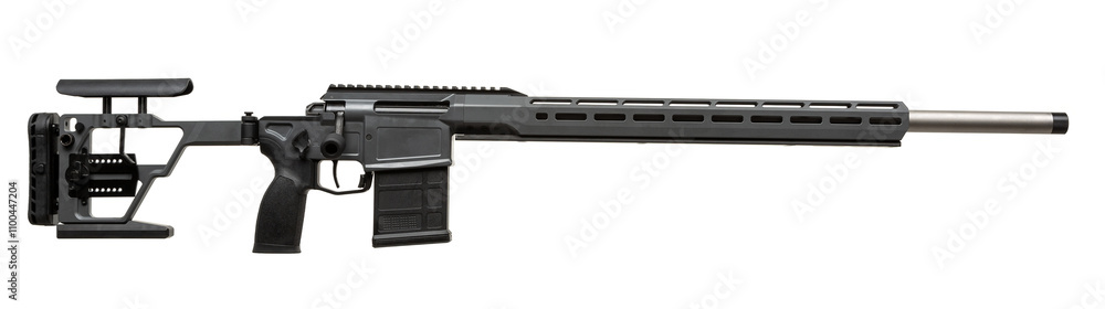 Precision rifle with a modular design, featuring an adjustable stock ...