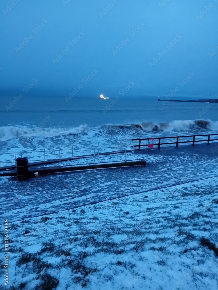 Poster snow on the beach, with ship setting sail to sea – Wall Art ...