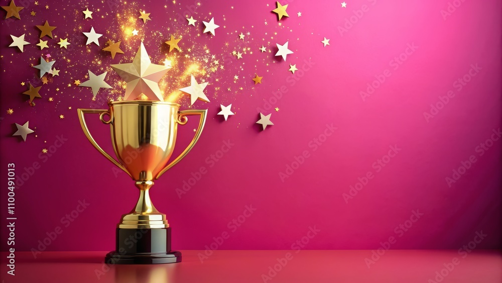 Golden Trophy with Stars and Glitter on Pink Background, trophy, award ...