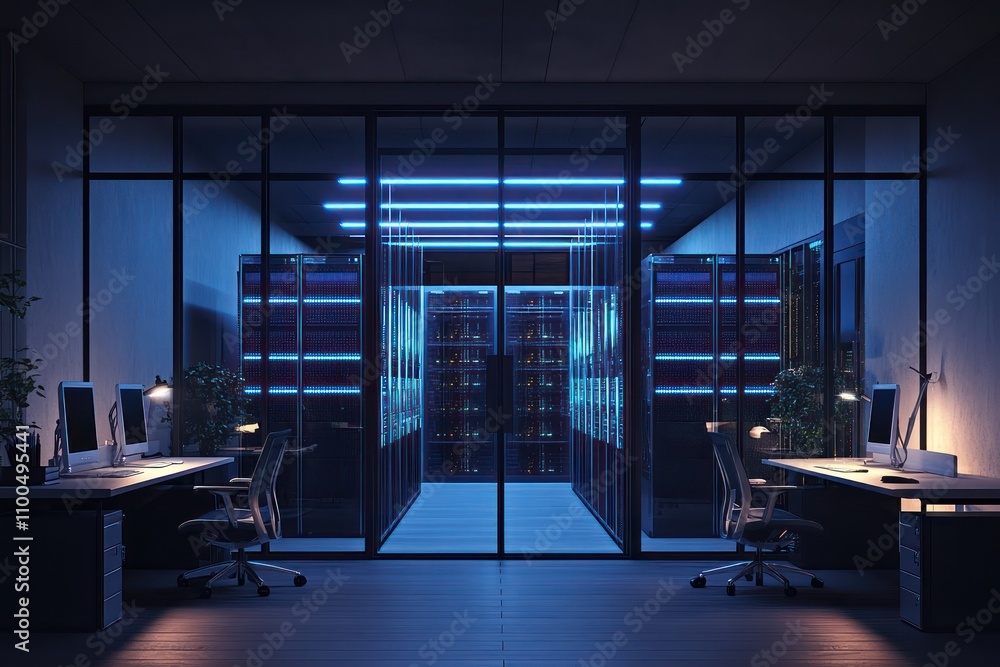 Sleek IT office with a high-tech server room visible through glass ...