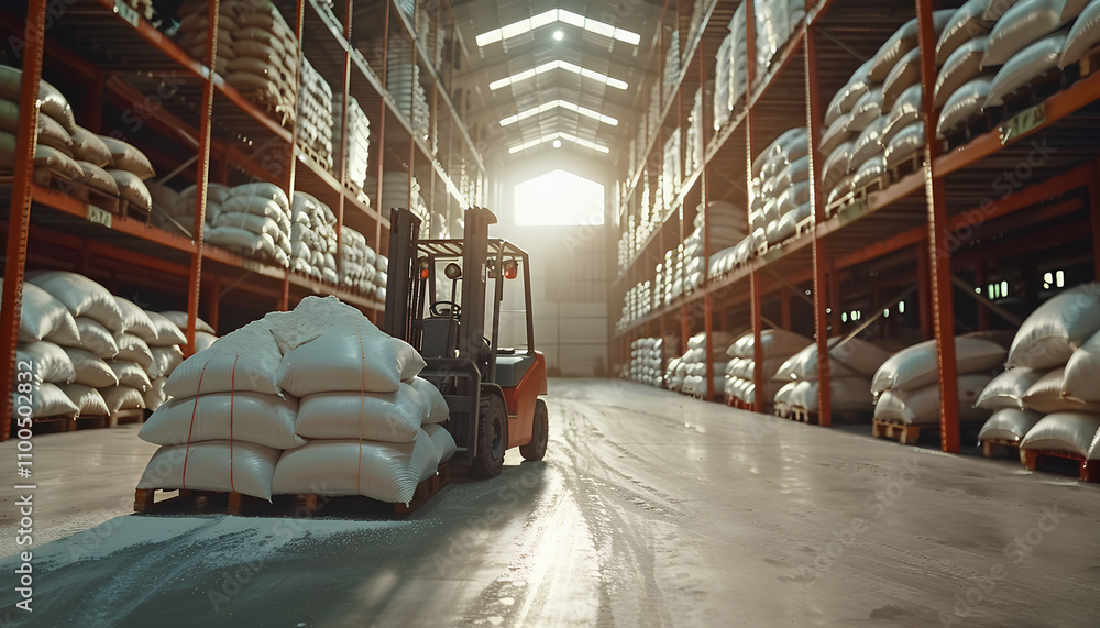 Forklift stacking up sugar bag inside warehouse, sugar warehouse ...