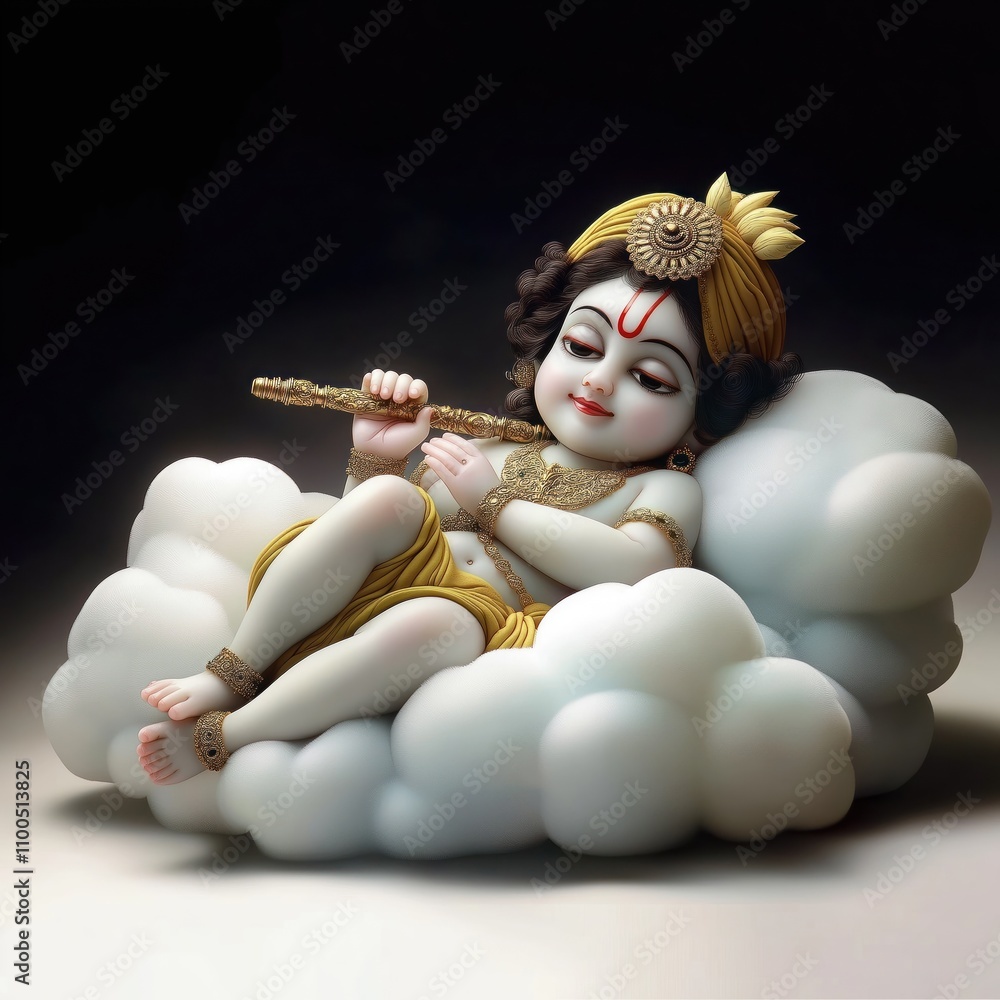Cute Krishna rests on cloud pillow. Plays flute. Happy deity. Indian ...