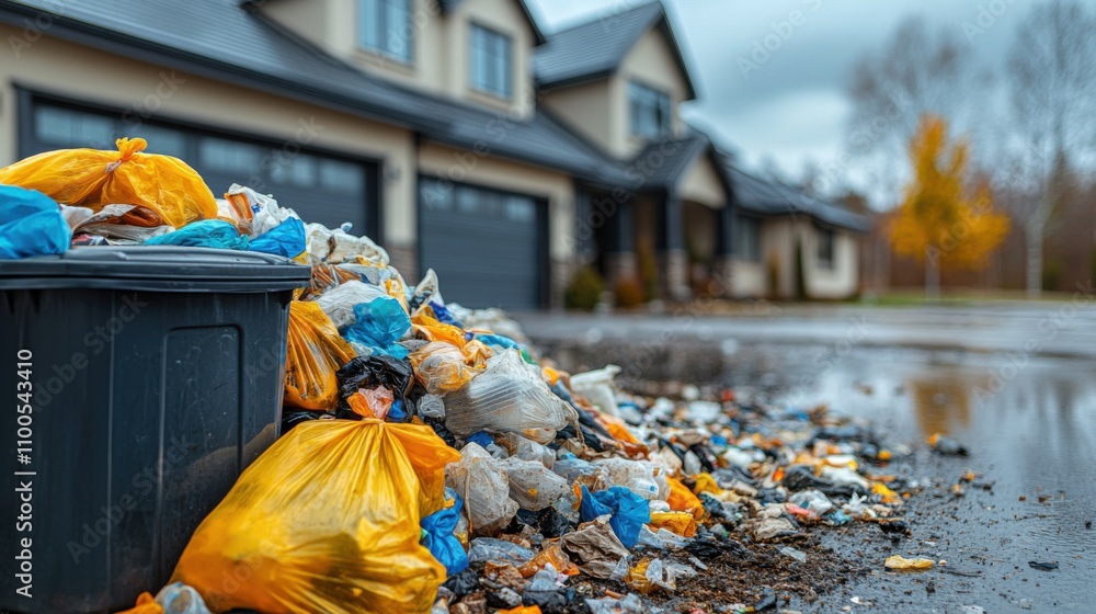 Overflowing garbage on suburban street, waste management issue, litter ...
