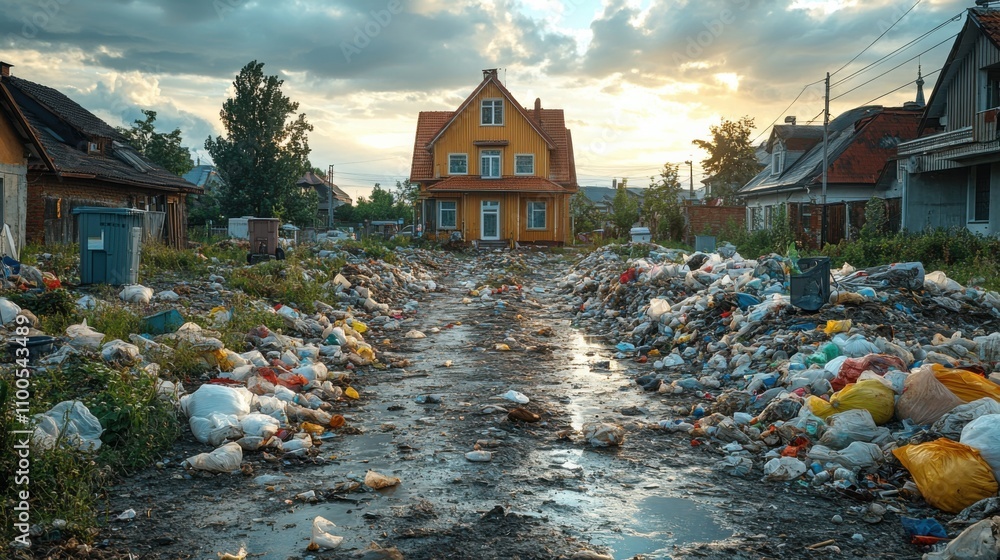 Overflowing garbage on suburban street, waste management issue, litter ...