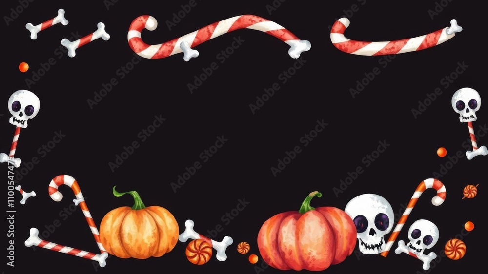Cartoon spooky halloween border with watercolor pumpkin, lolly pop ...