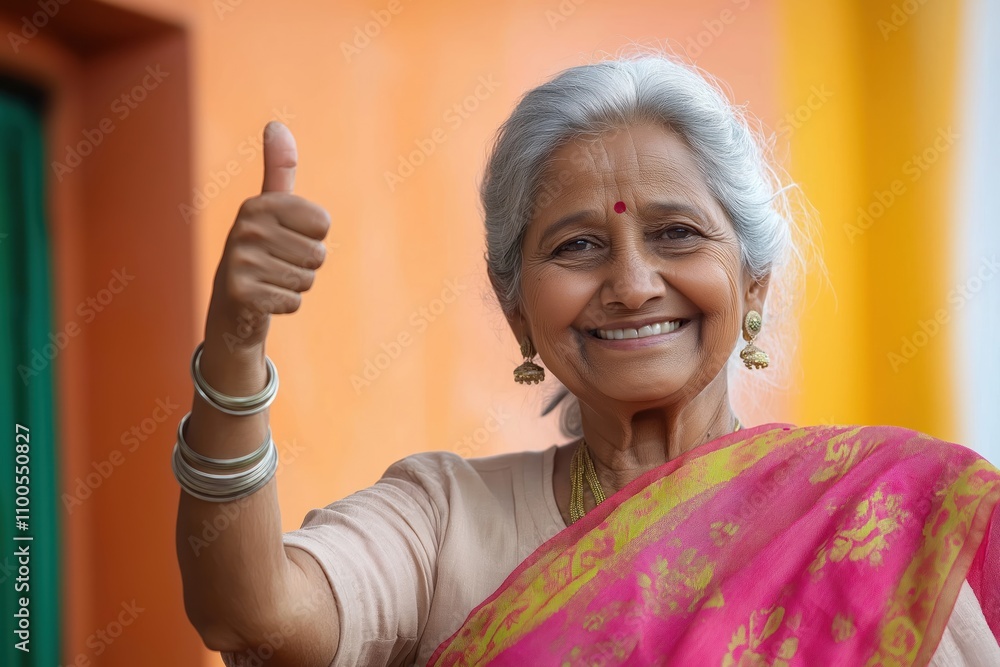 Happy elderly Indian woman gives thumbs up. Senior lady shows approval ...