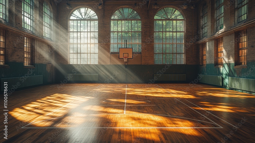 Sunlit old gym basketball court, vintage look, brick walls with peeling ...