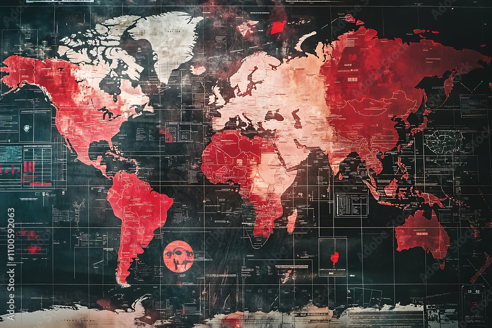 Poster A world map with red zones marking active military conflicts ...