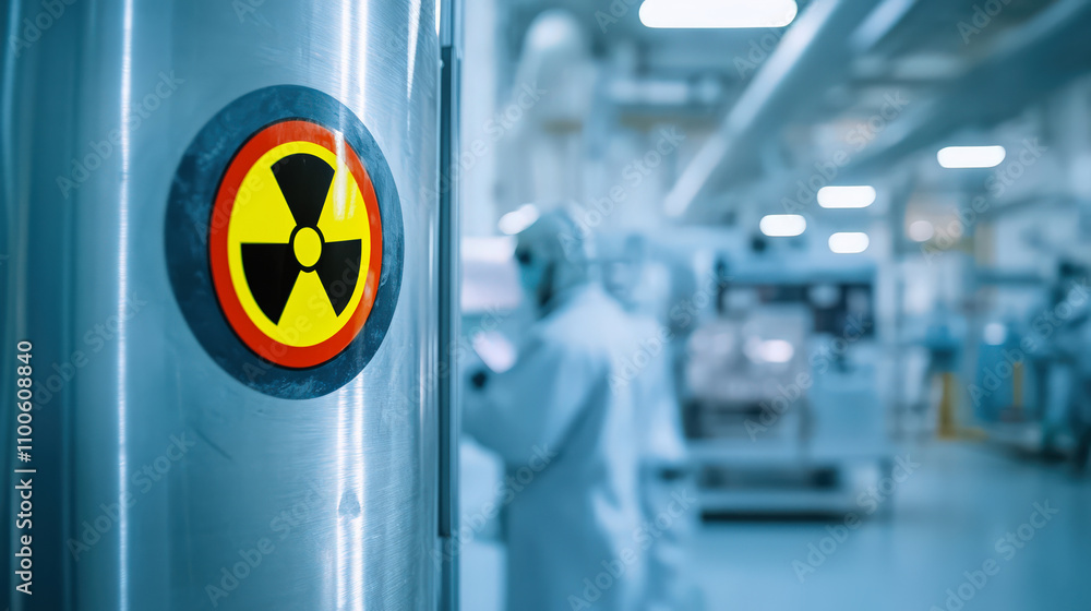 A close-up of a radiation symbol on a device in a clean, industrial ...
