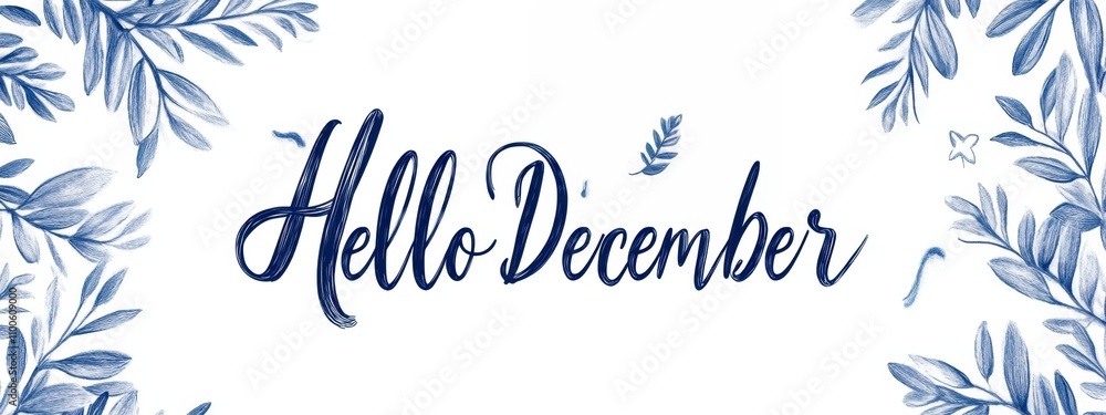 "Hello December" in navy blue cursive on a white background, elegant ...