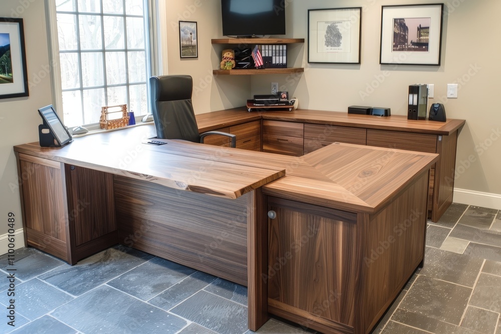 Modern wooden desk setup in a comfortable office space with plants and ...