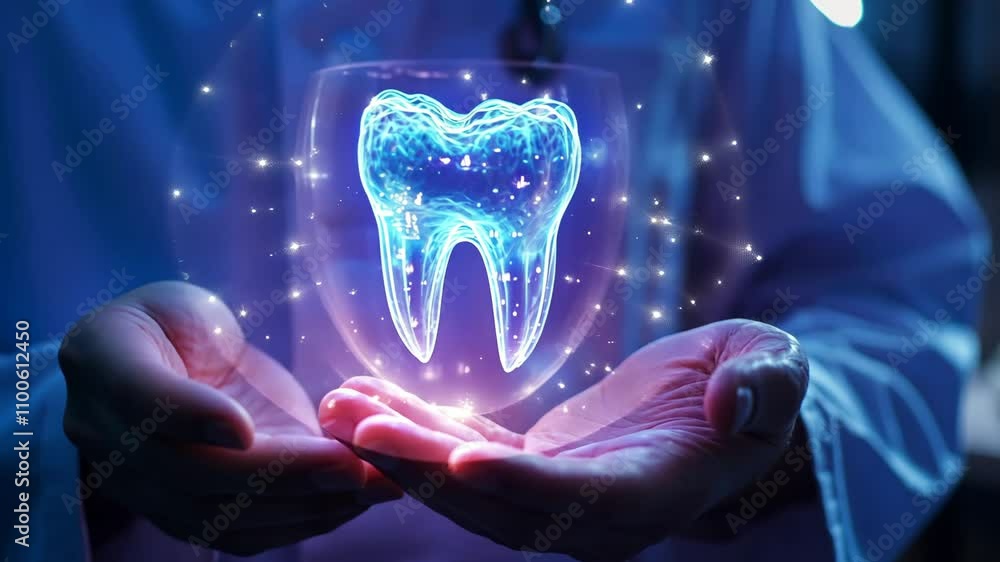 Tooth detailed digital AR VR rendering shows a glowing white teeth ...