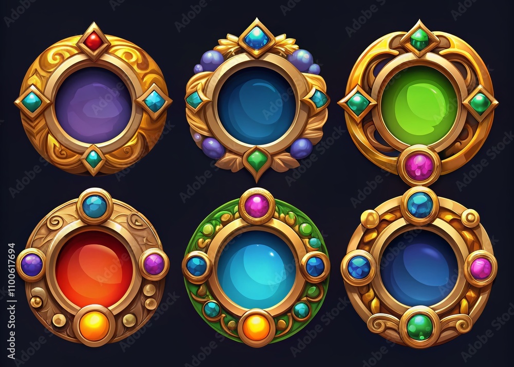 Cartoon Decorative Avatar Circle Frames for Game UI Design, Featuring ...