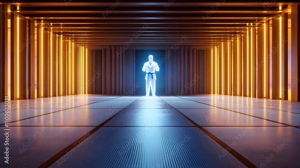 Karate dojo with wooden beams and mats, viewed from a low angle ...