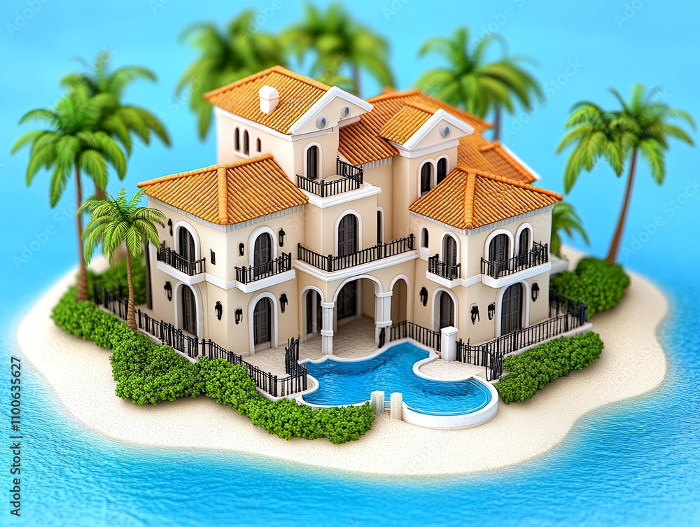 Tech skills training. Luxurious villa on tropical island surrounded by ...