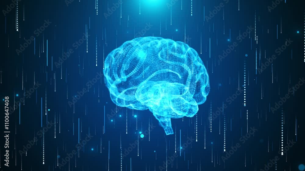 Futuristic digital brain logo grid line ai technology rotation abstract ...