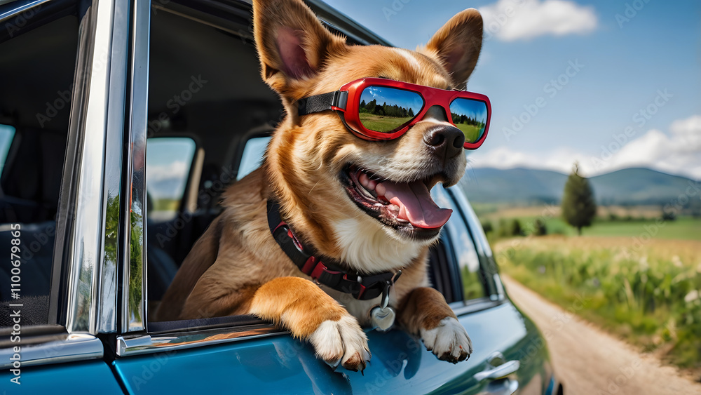 A dog is sitting in a car window with sunglasses on. The dog is looking ...