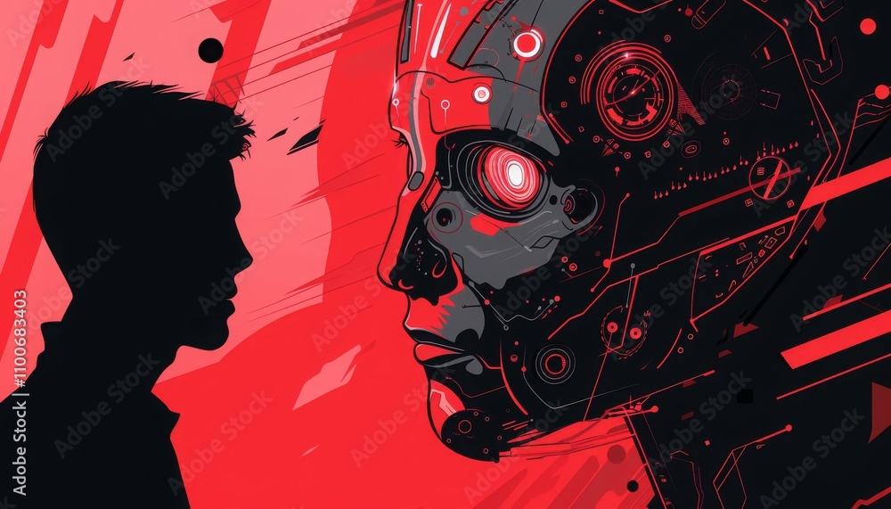 Human versus machine contrast in striking red tones, philosophical ...