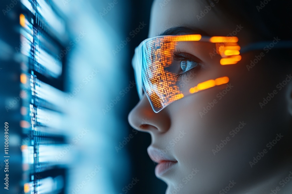 Profile of a person wearing digital glasses with a futuristic orange ...