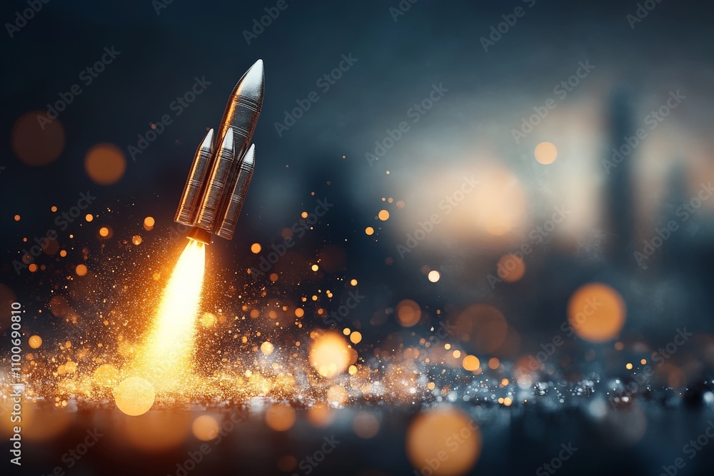 A powerful rocket blasts off into the vastness of space, leaving a ...